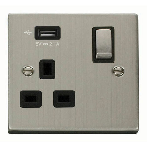 Stainless Steel 1 Gang 13A DP Ingot 1 USB Switched Plug Socket - Black ...