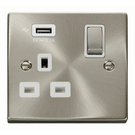 Satin / Brushed Chrome 1 Gang 13A DP Ingot 1 USB Switched Plug Socket ...