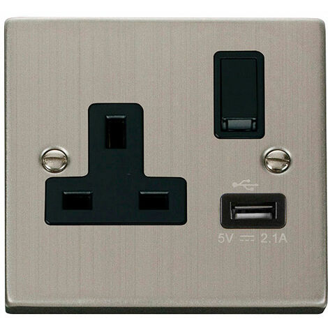 Stainless Steel 1 Gang 13A DP 1 USB Switched Plug Socket - Black Trim ...