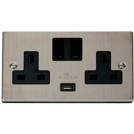 Stainless Steel 2 Gang 13A 1 USB Twin Double Switched Plug Socket ...