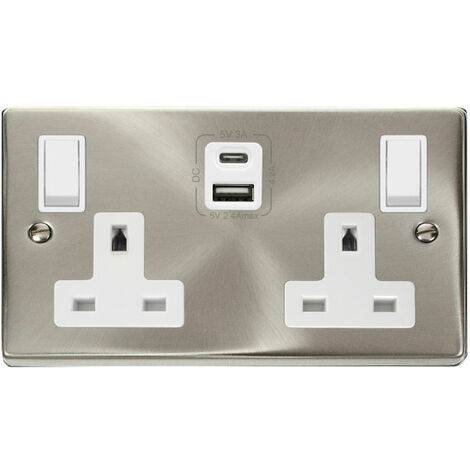 Satin / Brushed Chrome 2 Gang 13A Type A & C USB Twin Double Switched ...