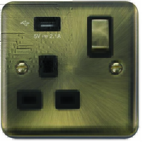 Curved Antique Brass 1 Gang 13A DP Ingot 1 USB Switched Plug Socket ...