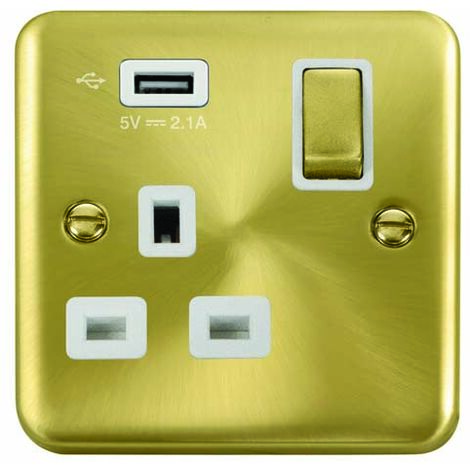 Curved Edge Satin / Brushed Brass 1 Gang 13A DP Ingot 1 USB Switched ...