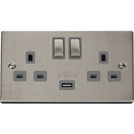Stainless Steel 2 Gang 13A DP Ingot 1 USB Twin Double Switched Plug ...