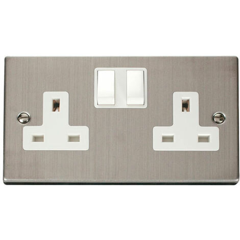 Stainless Steel 2 Gang 13A Twin Double Switched Plug Socket - White ...