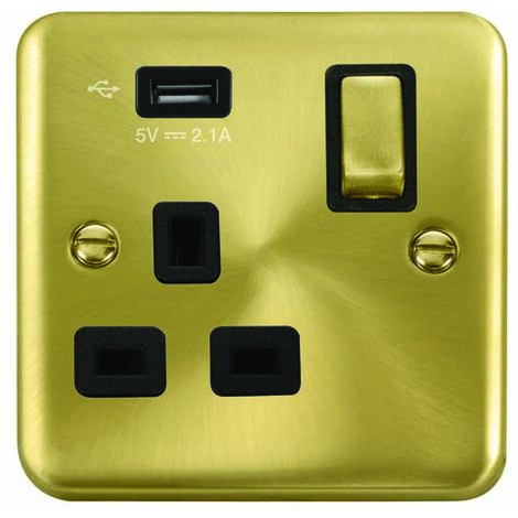 Curved Satin / Brushed Brass 1 Gang 13A DP Ingot 1 USB Switched Plug ...