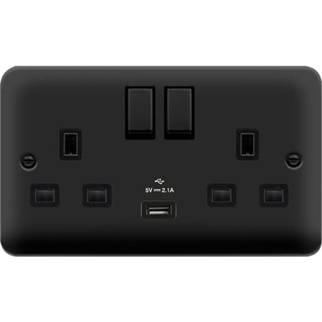 Curved Matt Black 2 Gang 13A DP Ingot 1 USB Twin Double Switched Plug ...
