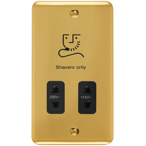 Curved Polished Brass Shaver Socket 115v/230v - Black Trim - SE Home