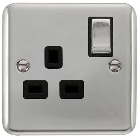 Curved Polished Chrome 1 Gang 13A DP Ingot Switched Plug Socket - Black Trim - SE Home