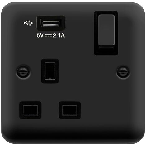 Curved Matt Black 1 Gang 13A DP Ingot 1 USB Switched Plug Socket ...