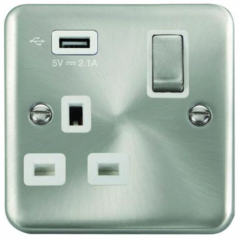 Curved Edge Satin / Brushed Chrome 1 Gang 13A DP Ingot 1 USB Switched ...