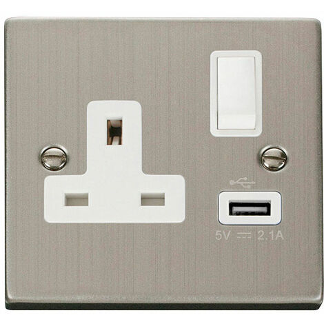 Stainless Steel 1 Gang 13A DP 1 USB Switched Plug Socket - White Trim ...