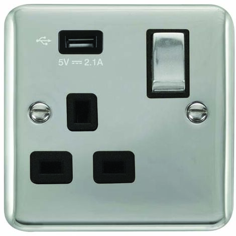 Curved Polished Chrome 1 Gang 13A DP Ingot 1 USB Switched Plug Socket ...