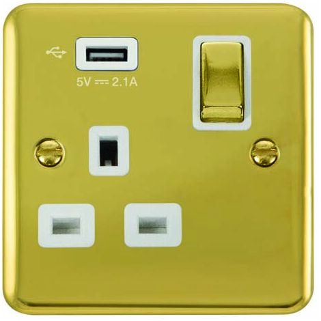 Curved Polished Brass 1 Gang 13A DP Ingot 1 USB Switched Plug Socket ...