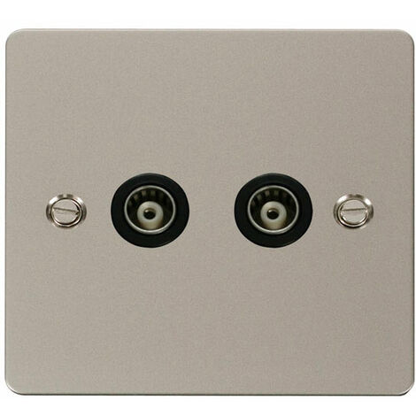 Flat Plate Pearl Nickel Twin Isolated Coaxial Socket - Black Trim - SE Home