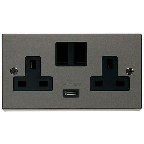 Black Nickel 2 Gang 13A 1 USB Twin Double Switched Plug Socket - Black ...