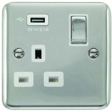 Curved Polished Chrome 1 Gang 13A DP Ingot 1 USB Switched Plug Socket ...