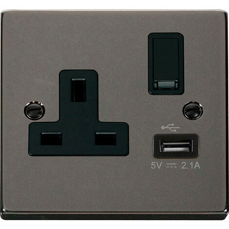Black Nickel 1 Gang 13A DP 1 USB Switched Plug Socket - Black Trim - SE ...
