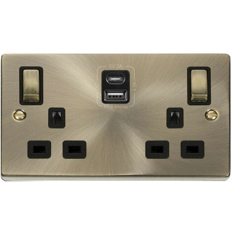 Antique Brass 2 Gang 13A DP Ingot Type A & C USB Twin Double Switched ...