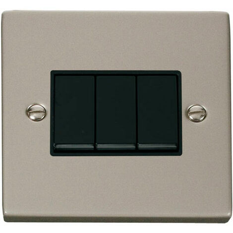 Pearl Nickel 10A 3 Gang 2 Way Light Switch - Black Trim - SE Home