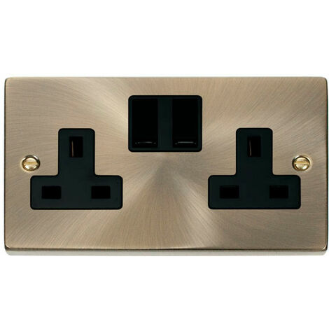 Antique Brass 2 Gang 13A Twin Double Switched Plug Socket - Black Trim ...