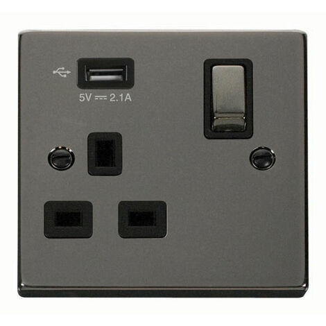 Black Nickel 1 Gang 13A DP Ingot 1 USB Switched Plug Socket - Black ...