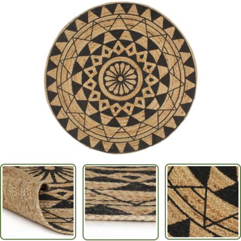 The Living Store Tapis fait à la main Jute avec imprimé noir 150 cm - Tapis En Jute - Tapis ...