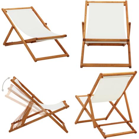 Chaise pliable de plage bois d'eucalyptus et tissu blanc crème ...