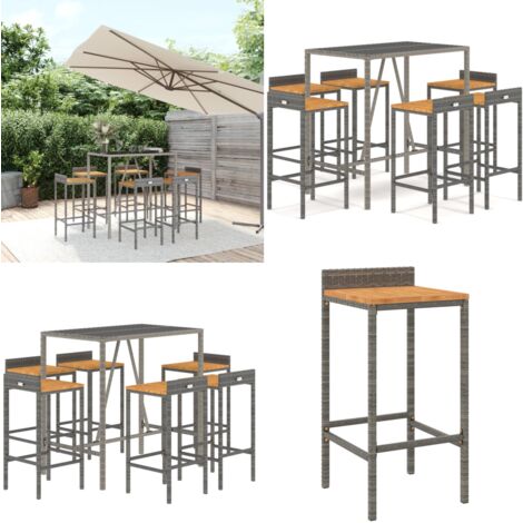 Ensemble de bar jardin 7 pcs gris poly rotin/bois massif acacia ...