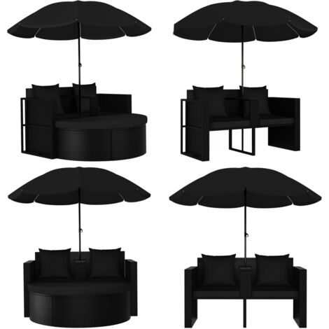 Lit de jardin avec parasol Résine tressée Noir - chaise de jardin ...