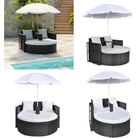 Lit de jardin avec parasol Noir Résine tressée - chaise de jardin ...