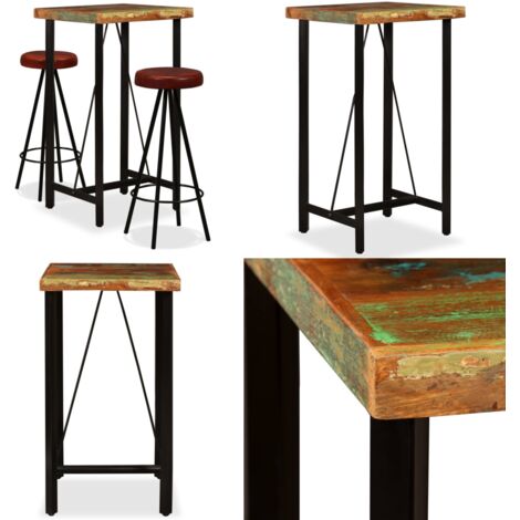 Ensemble de bar 3 pcs Bois massif recyclé et cuir véritable - Table ...