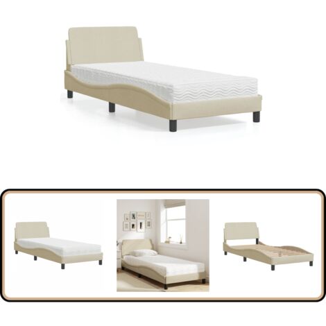 Lit avec matelas crème 90x190 cm tissu - Lit Plateforme - Lit Double ...