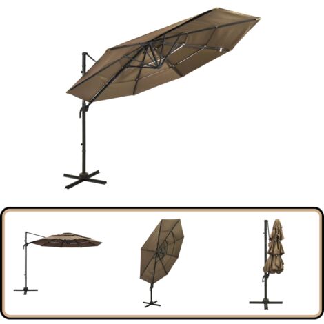 Parasol de jardin à 4 niveaux avec mât en aluminium taupe 3x3 m ...