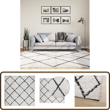Tapis shaggy à poils longs moderne crème et noir 200x200 cm - Tapis Shag - Tapis Long Poil ...