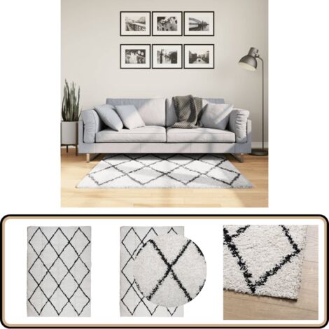 Tapis shaggy à poils longs moderne crème et noir 120x170 cm - Tapis Shag - Tapis Long Poil ...