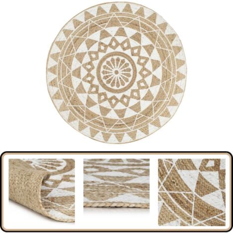 Tapis fait à la main Jute avec imprimé blanc 120 cm - Tapis En Jute - Tapis Artisanal - Tapis ...