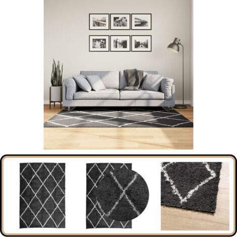 Tapis shaggy à poils longs moderne noir et crème 120x170 cm - Tapis Shag - Tapis Long Poil ...