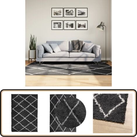 Tapis shaggy à poils longs moderne noir et crème 140x200 cm - Tapis Shag - Tapis Long Poil ...