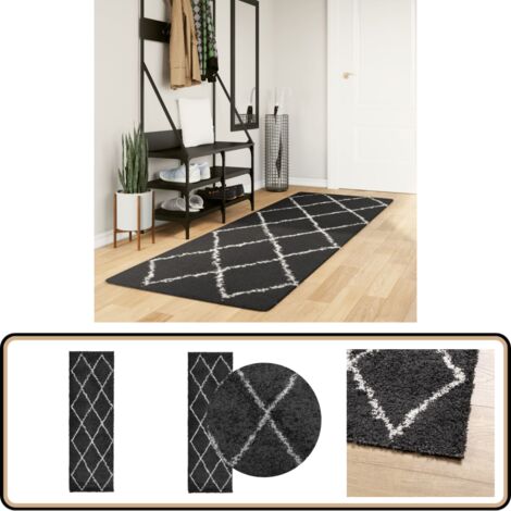Tapis shaggy à poils longs moderne noir et crème 80x250 cm - Tapis Shag - Tapis Long Poil ...