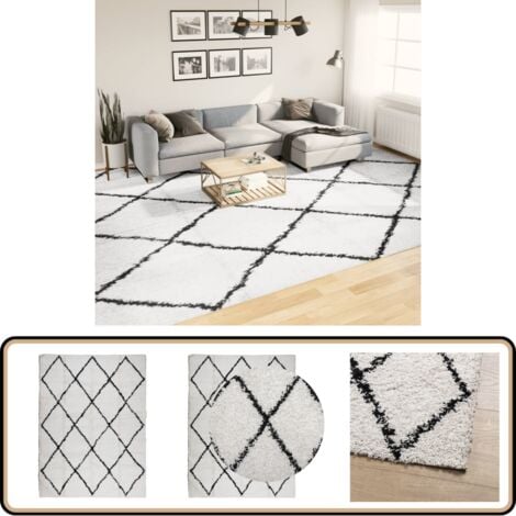 Tapis shaggy à poils longs moderne crème et noir 300x400 cm - Tapis Shag - Tapis Long Poil ...