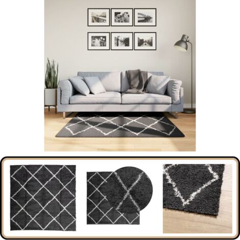 Tapis shaggy à poils longs moderne noir et crème 120x120 cm - Tapis Shag - Tapis Long Poil ...