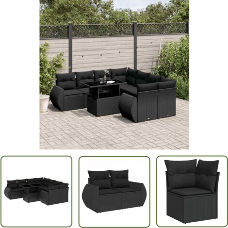 The Living Store Salon de jardin 9 pcs avec coussins noir résine ...