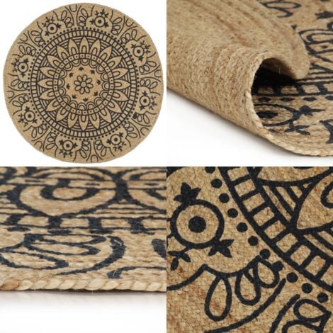 Tapis fait à la main Jute avec imprimé bleu foncé 90 cm - Tapis En Jute - Tapis Artisanal ...