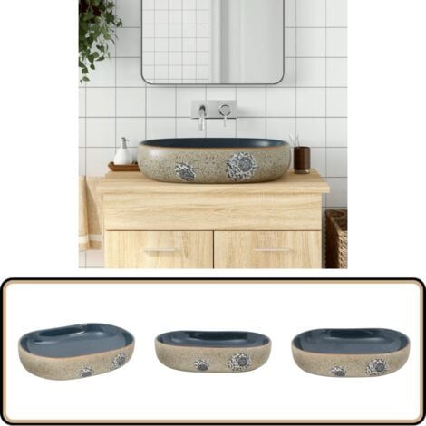 Vasque à poser sable et bleu ovale 59x40x14 cm céramique - Lavabo ...