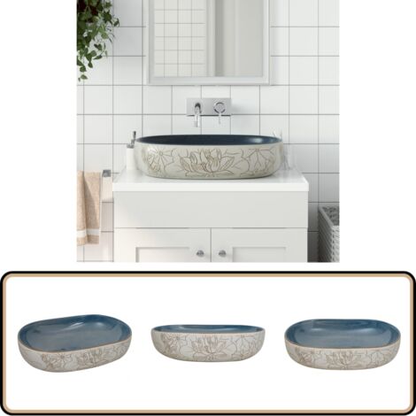 Vasque à poser sable et bleu ovale 59x40x14 cm céramique - Lavabo ...