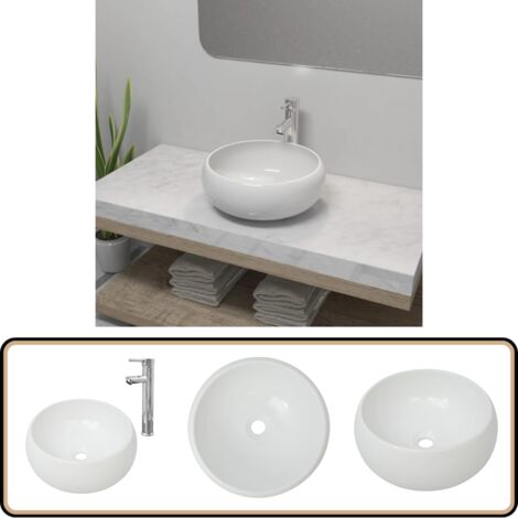 Lavabo de salle de bain avec mitigeur Céramique Rond Blanc - Lave-mains ...