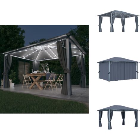 Tonnelle avec rideau et lumières LED 4x3 m Anthracite Aluminium - Abri ...