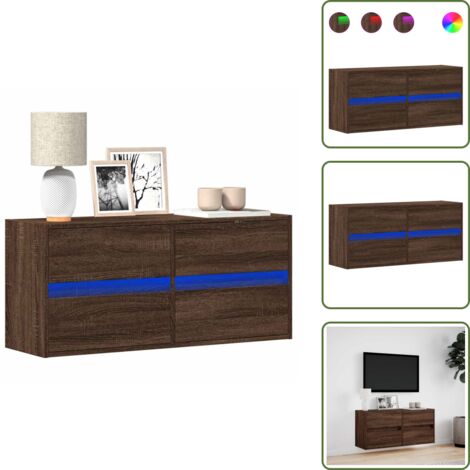 Meuble TV LED suspendu marron chene pour deco de salon contemporain ...