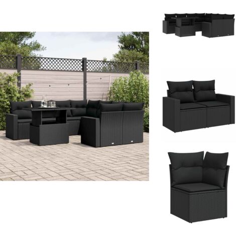 Salon de jardin 9 pcs avec coussins noir résine tressée - Ensemble ...